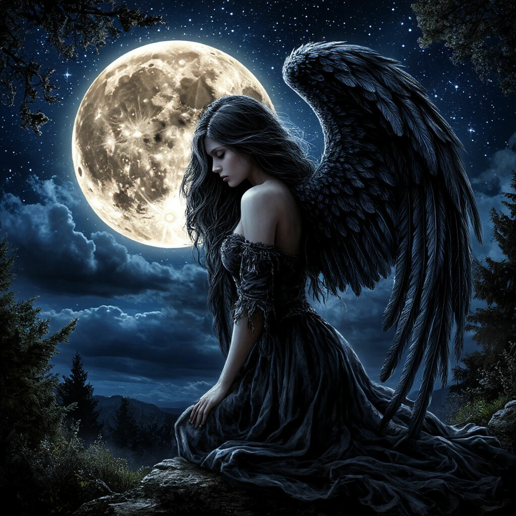 "Fallen Angel in the Night with a full starry moon action Gothic ...