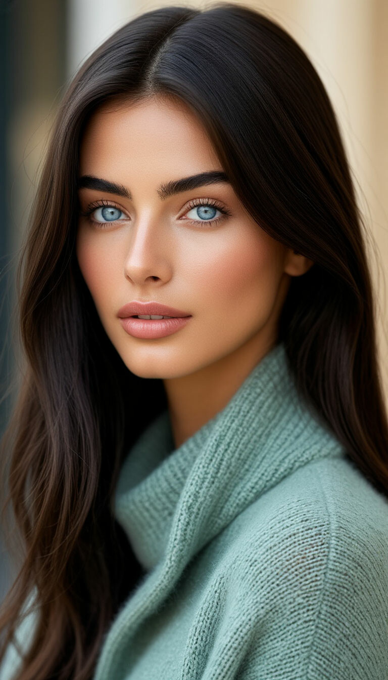 "Italian beauty girl Waiting for spring black straight hair, blue eyes ...