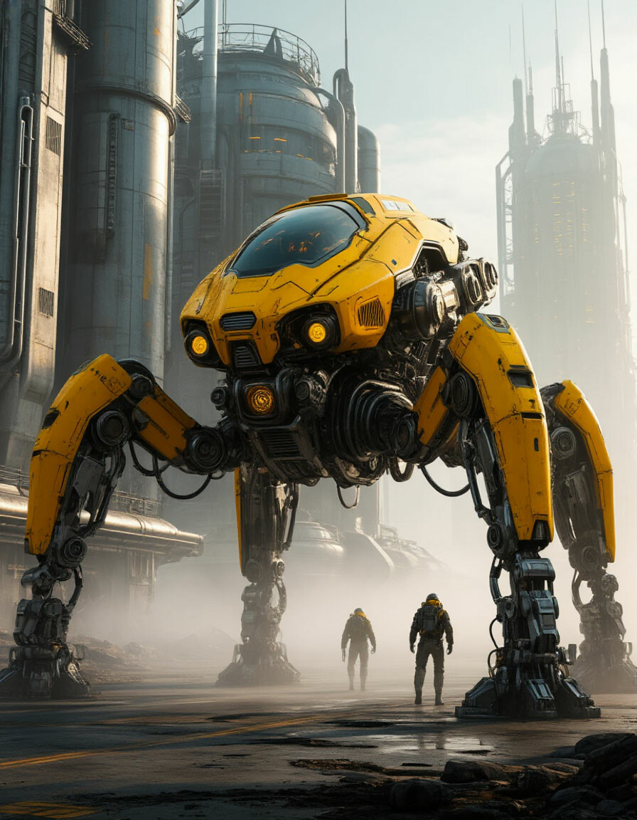 "Walker robot spider, huge combat mechanoid, with seats on the sides ...