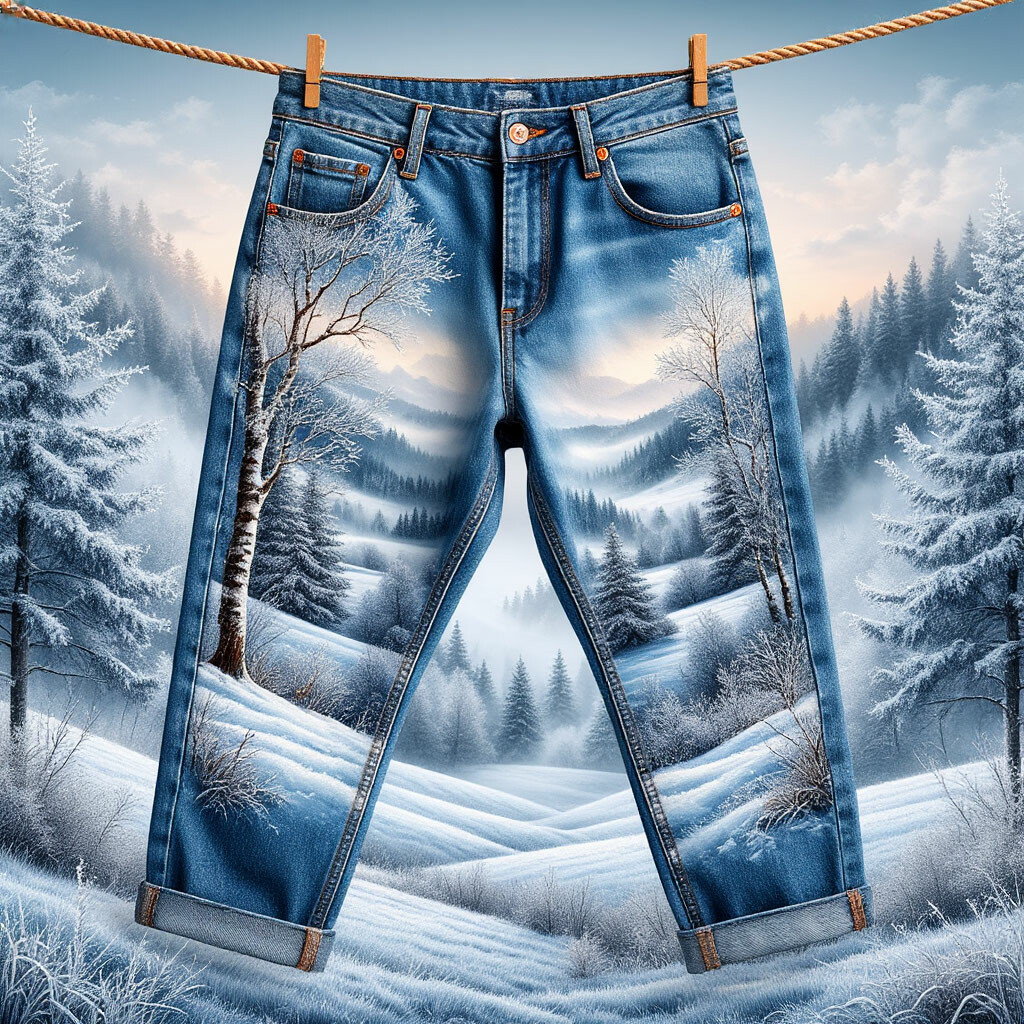 "The jeans depict a winter landscape with frost-covered trees, hills ...