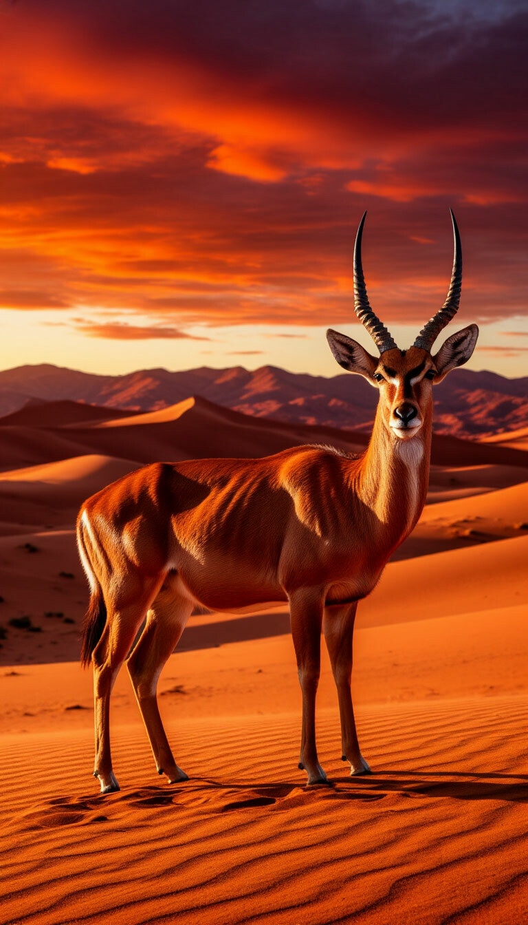 ". antelope on the background of nature , orange mountains, brown sand ...