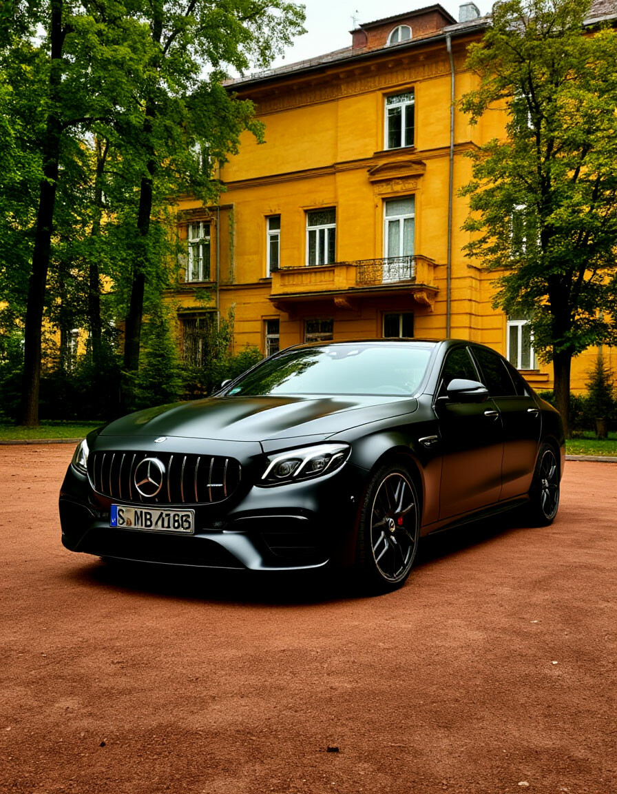 "Mercedes-AMG E63s. Black in color. Silver elements. It stands in the ...