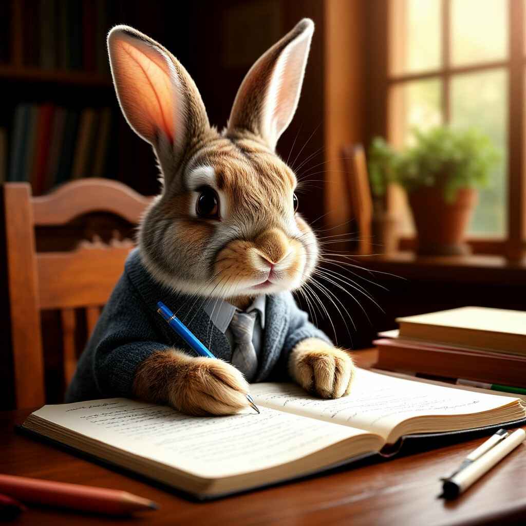 "Rabbit is writing homework" — image created in Shedevrum