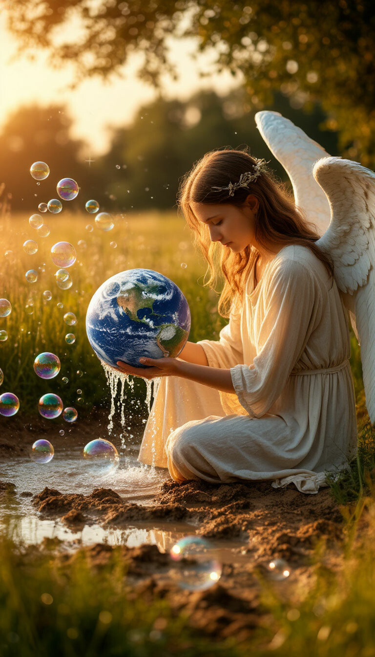"Symbolic scene: a wise angel takes care of the planet, the earth lies ...