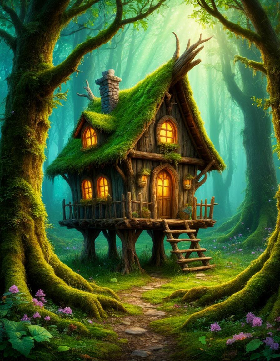 "Fairy forest, hut on chicken legs, moss, radiance, fantasy, beauty" — image created in Shedevrum