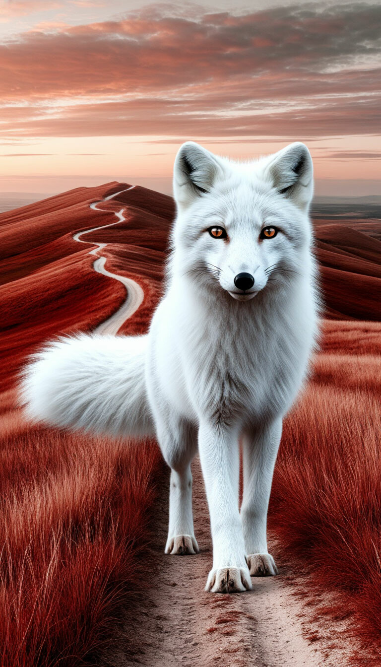 " ️ double exposure foreground a huge white fluffy fantasy arctic fox ...