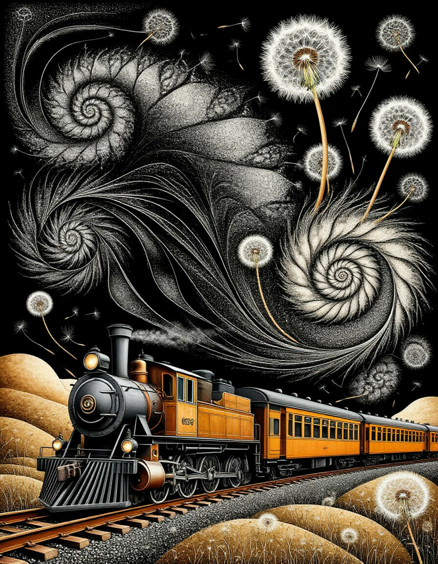 "Flyers, voladors, black shadows, collage, fractals, surrealism ...