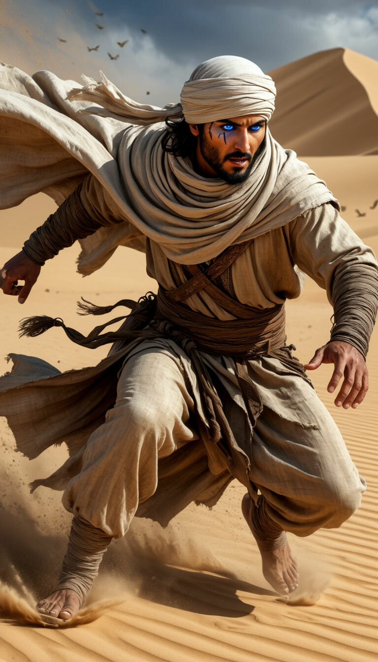 "Epic fantasy Desert storm sand chaos A beautiful Arab in a linen ...