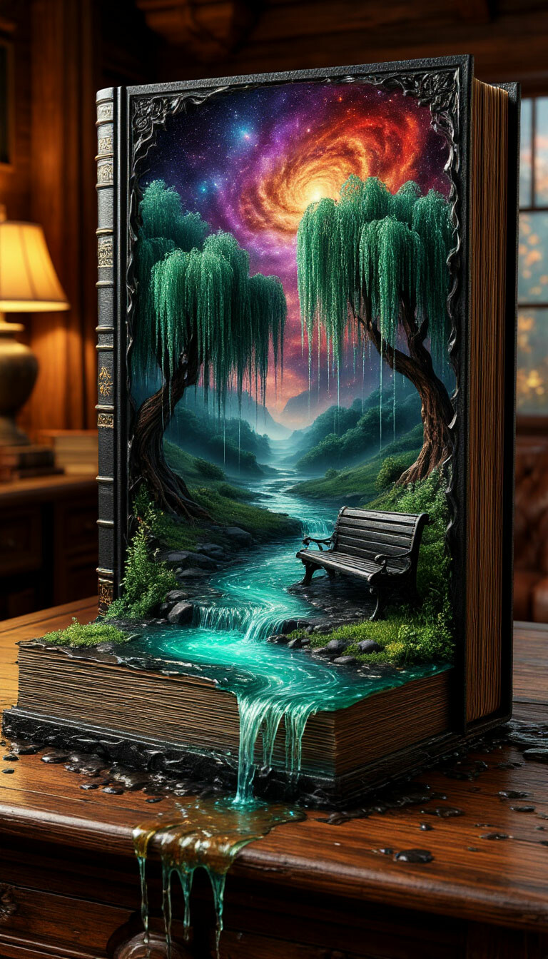 a giant book is placed horizontally on the table, a 3D microcosm breaks ...