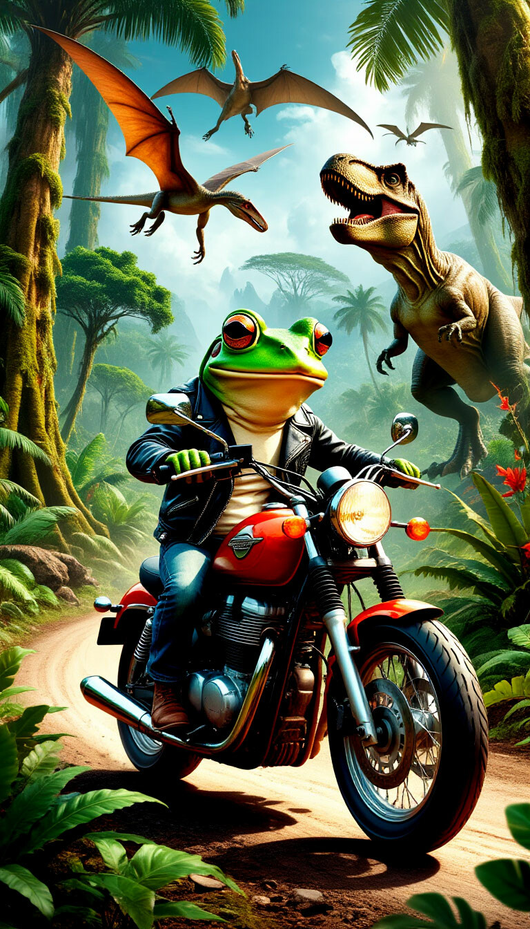 "A cool biker frog on a motorcycle rides through a Jurassic forest ...