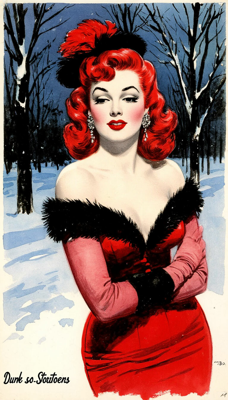 by Rene Gruau Winter Women Burlesque Dark Ruby @just_so_stories" — image created in Shedevrum