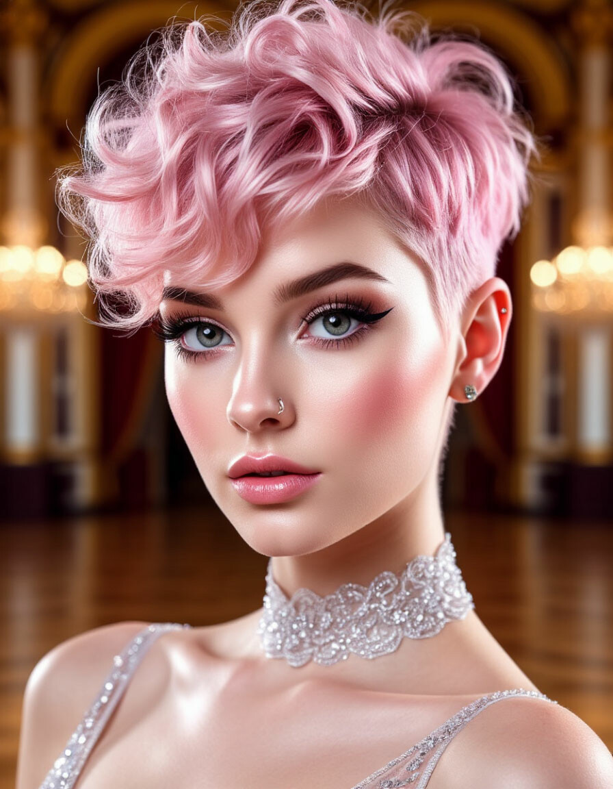 "Model girl, beautiful face, eyes, long eyelashes, nose, lips, pixie curly …" — image created in ...