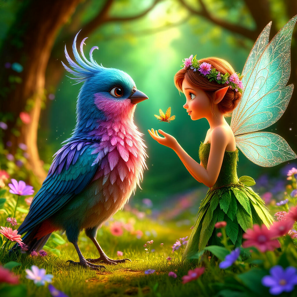 "Miracle bird in feathers talking to a fairy, forest, summer, meadow of ...