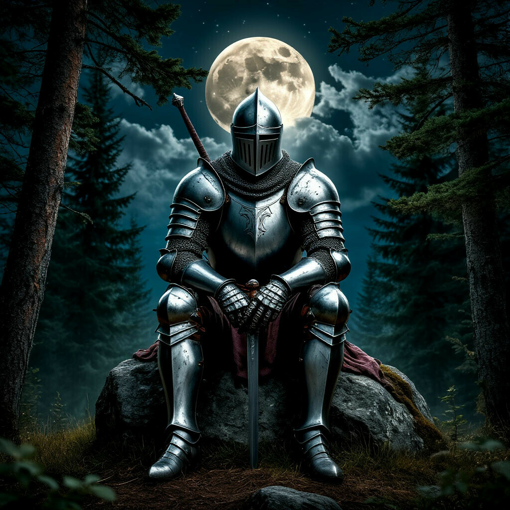 "A knight sits on a rock in the forest in the evening in the forest in ...