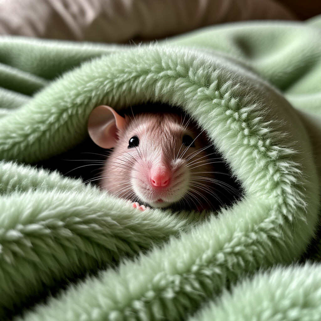 "In the giant folds of a soft plush pale green blanket, there is a tiny ...