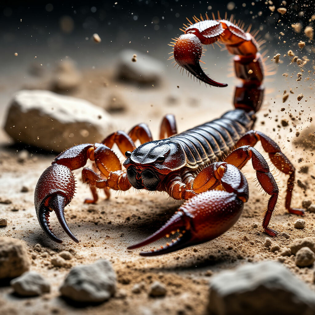 «Close-up, front camera, brown scorpion attacking, claw in front of the ...