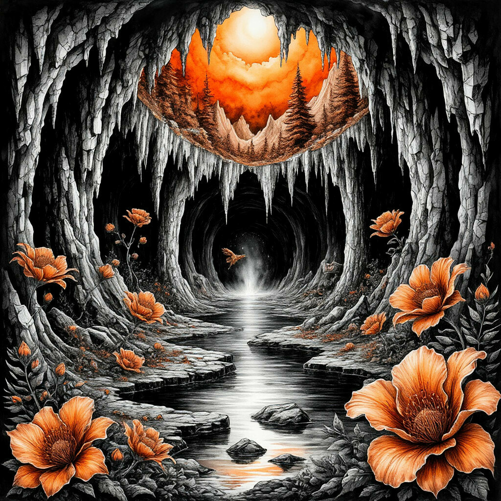 "Watery multi-layered watercolor of a black-and-white cyberpunk cave ...