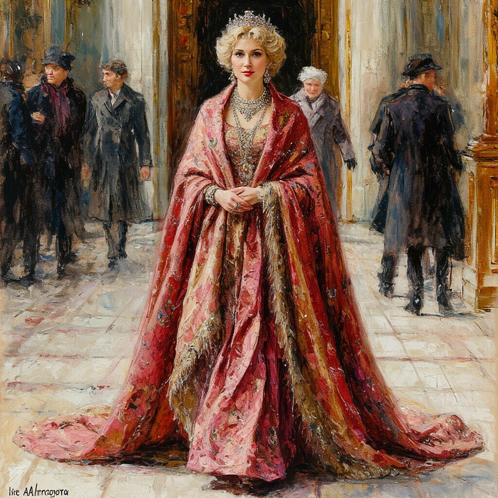 "Empress Irina Allegrova in a shawl, all crazy, walking post ...