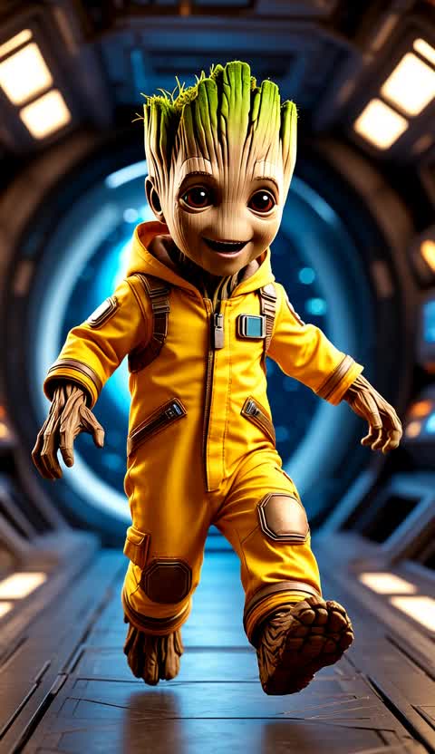 «Baby Groot in a yellow jumpsuit jumps on his foot, joyful, spaceship ...