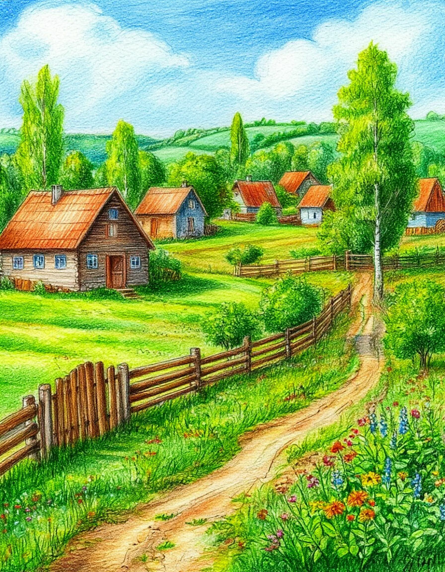 "Village landscape, summer, serene, there is a plot, children's drawing ...