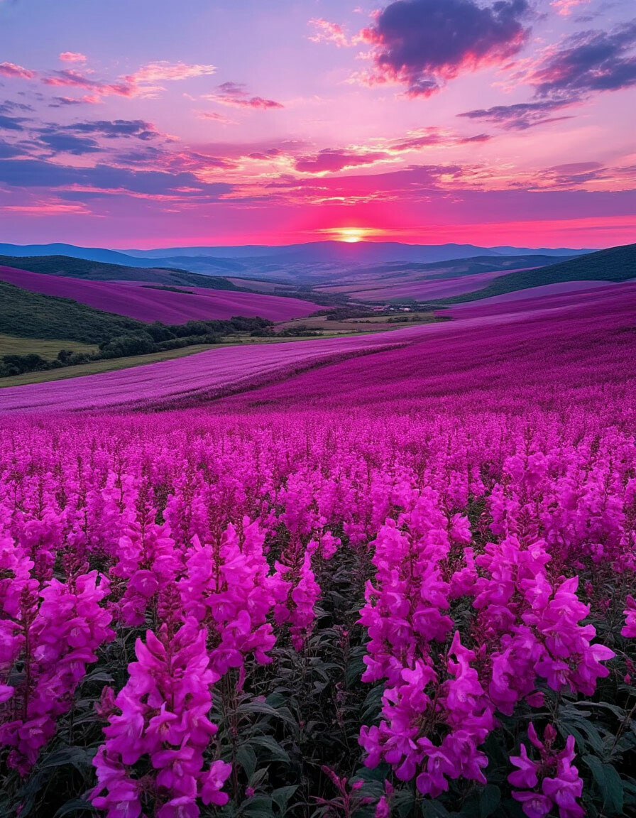 " ︎ Fuchsia field,lilac sunset,sky-blue clouds,valley,plains,detailing ...