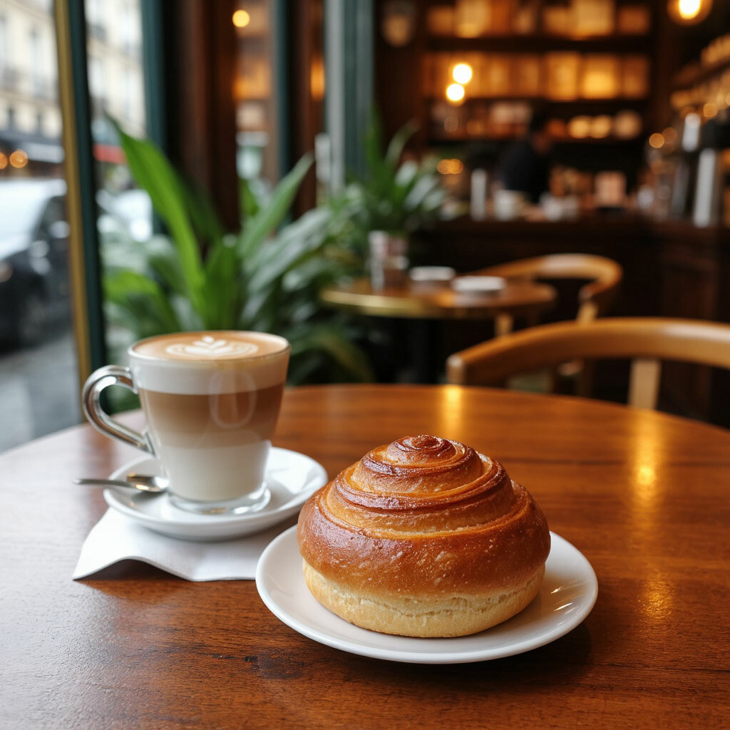 "A sweet bun is on the table in a French coffee shop. There's a latte ...