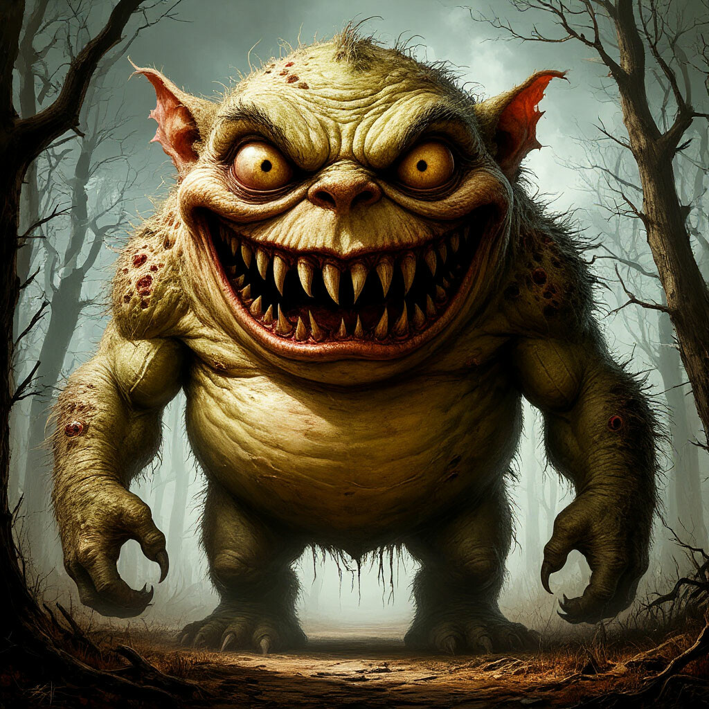 "A huge scary smiling creature" — image created in Shedevrum