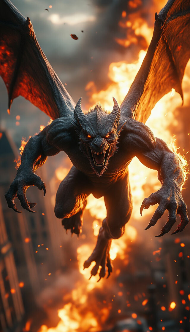 "An anthropomorphic Gargoyle dynamically flies side by side from a ...