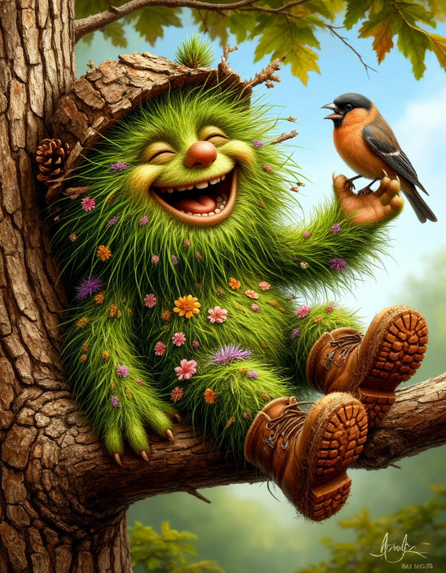 "A shaggy shaggy grassy cute little creature made of cones, blades of ...