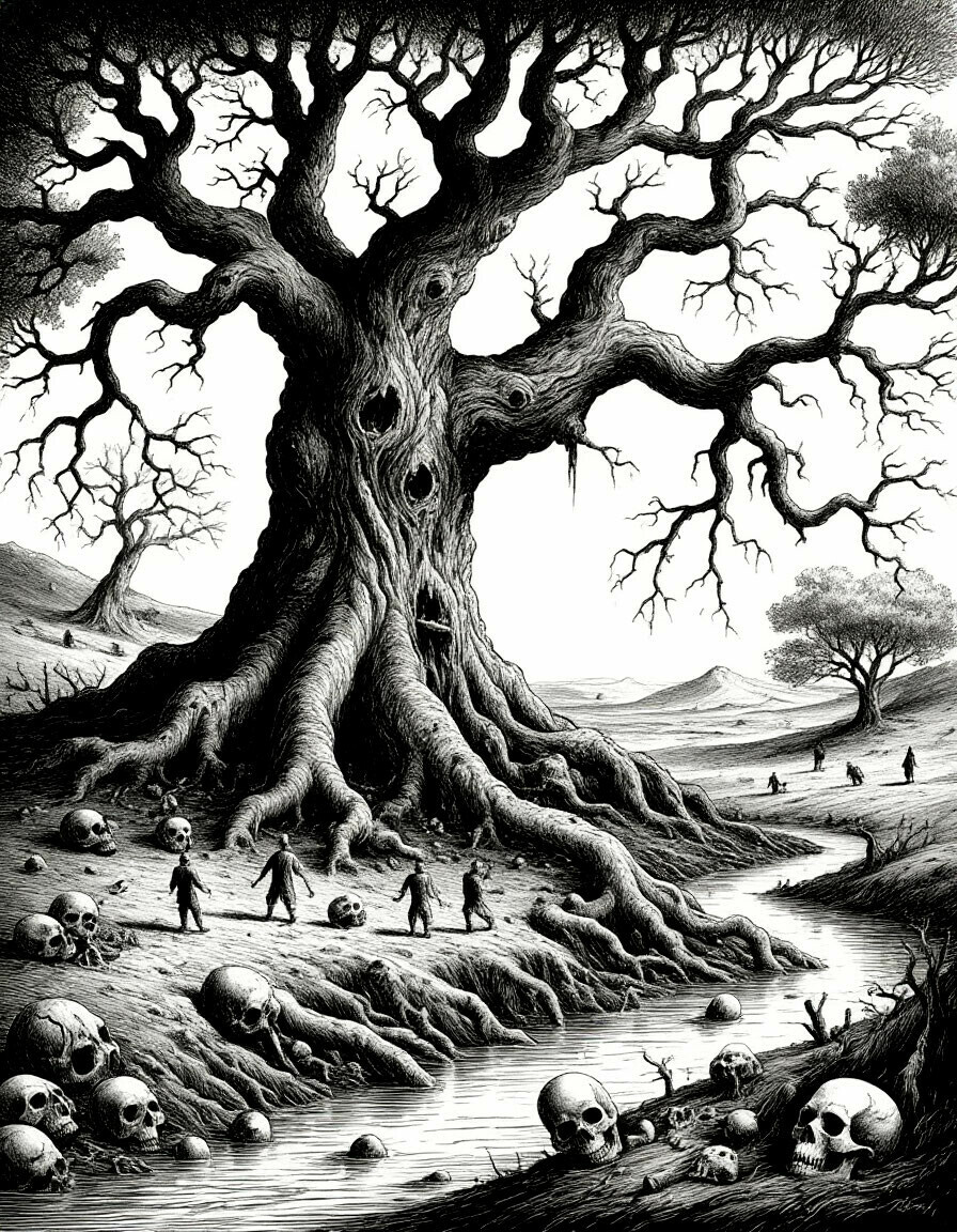 "Anchar, ink drawing, engraving, the tree of death in the wastelands ...
