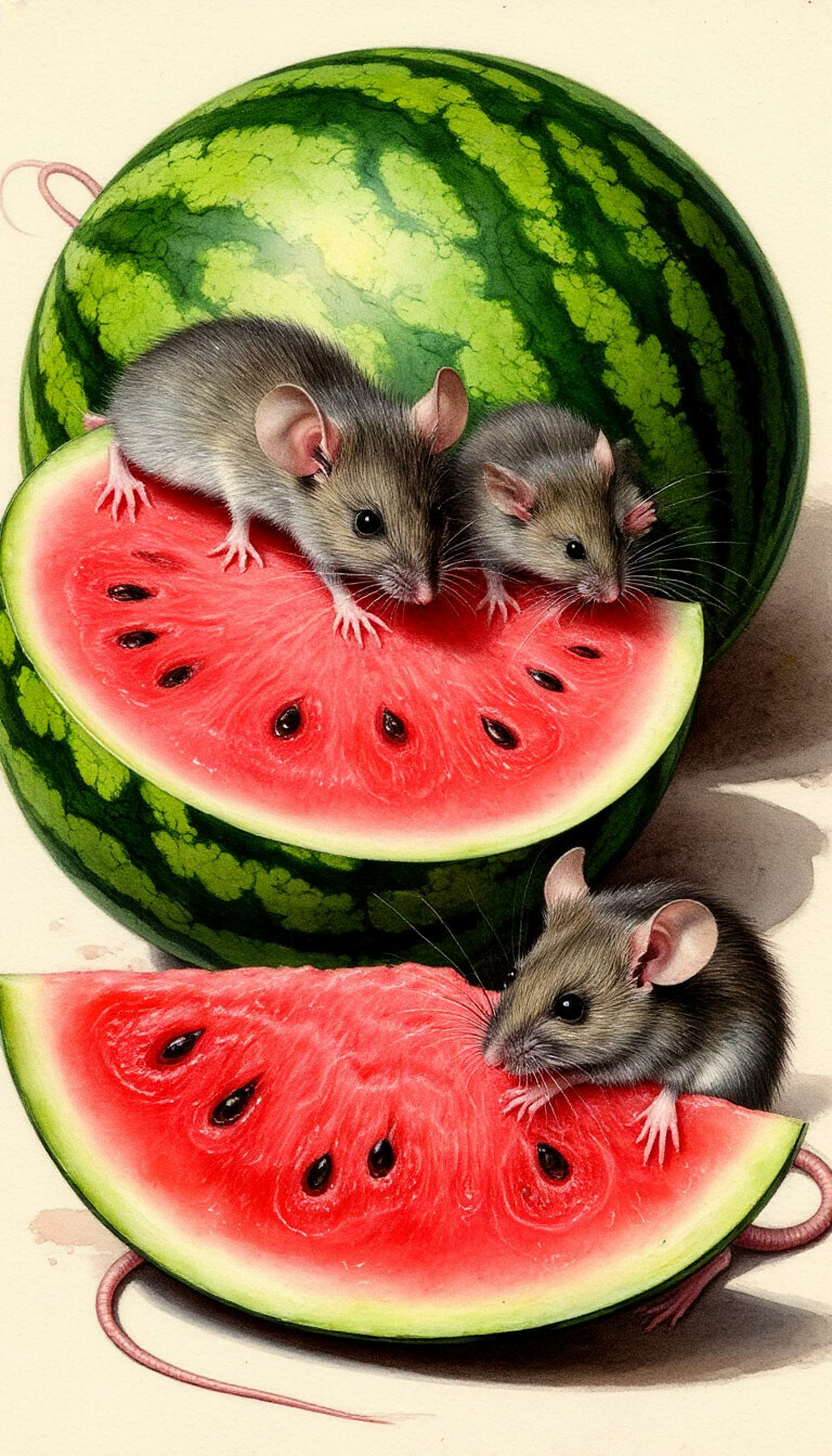 ". Andre Penovac Sfumato sketch vintage watermelon and mice @Madina ...