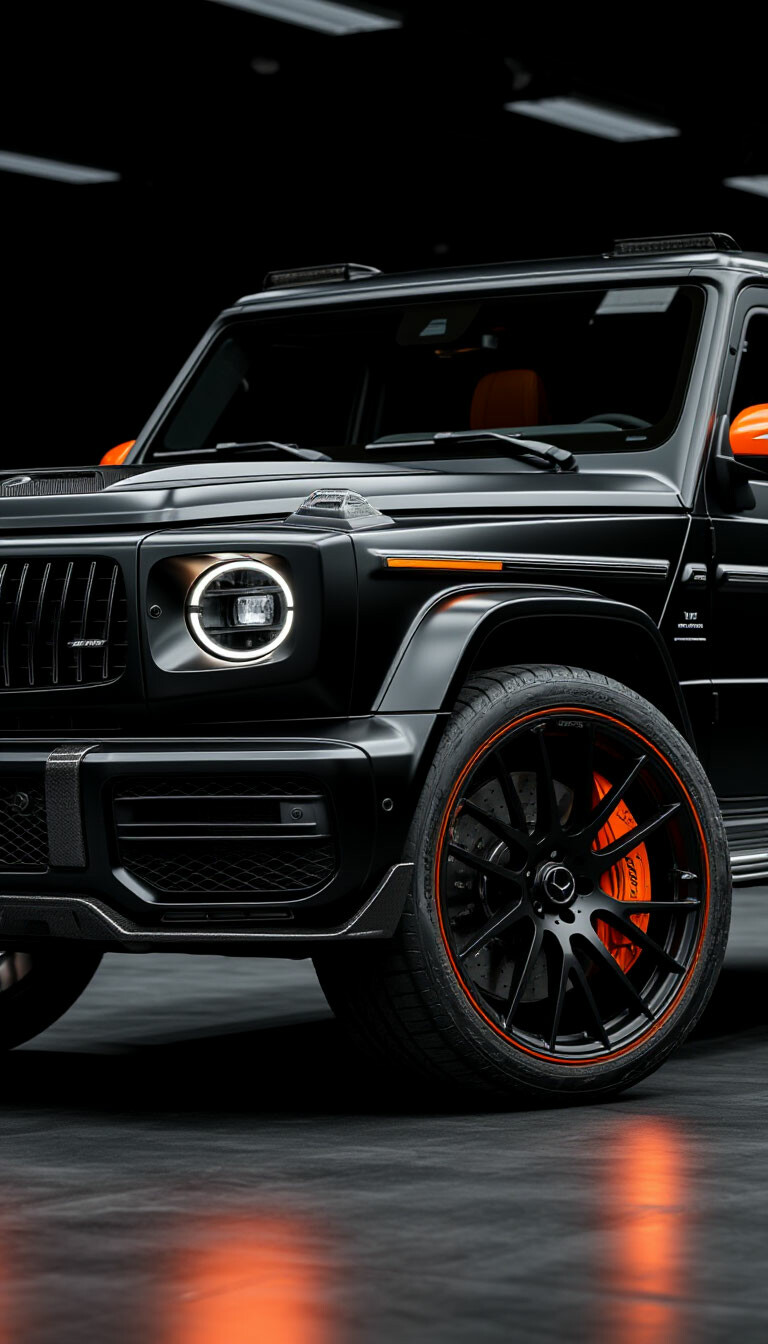 "🖤 Mercedes jeep in black matte body kit with tinted windows and orange ...