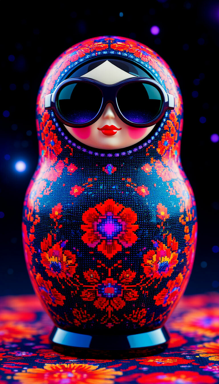 "One pixel futuristic matryoshka doll in viar glasses, painted on a khokhloma cloth, pixel art ...