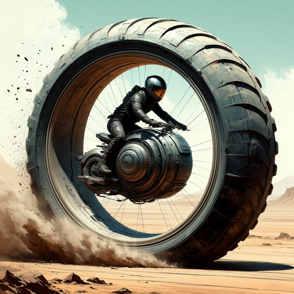 "🍀 futuristic monocycle with a giant wheel, treads, engineering ...