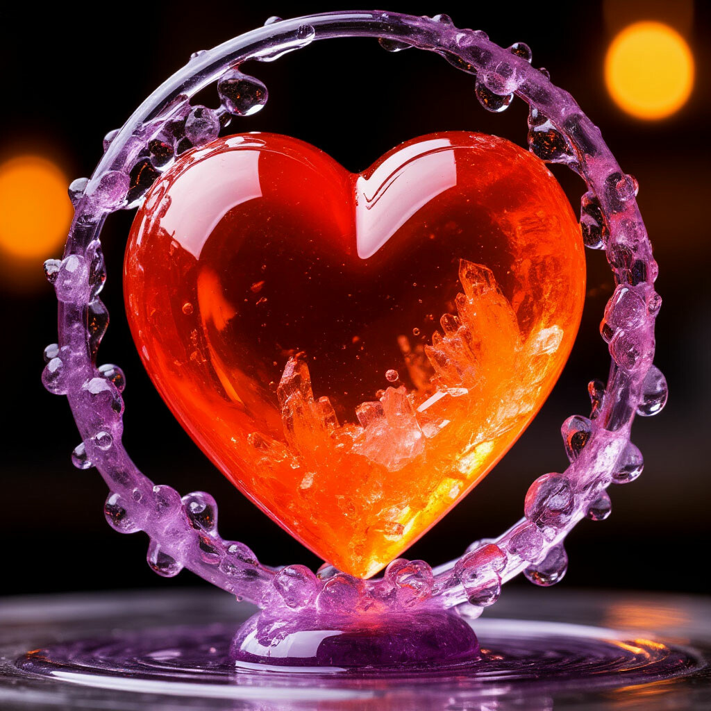 "💫💫💫 Crystal orange glaze fountain heart in a hoop of lilac fire, macro ...
