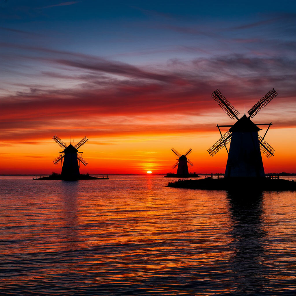 "Un océano sin fin puesta de sol en el agua de pie molinos de viento ...