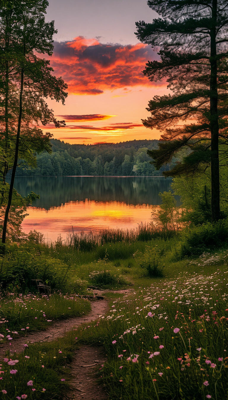 " The most soulful sunset of nature is summer, trees, lake, grass ...