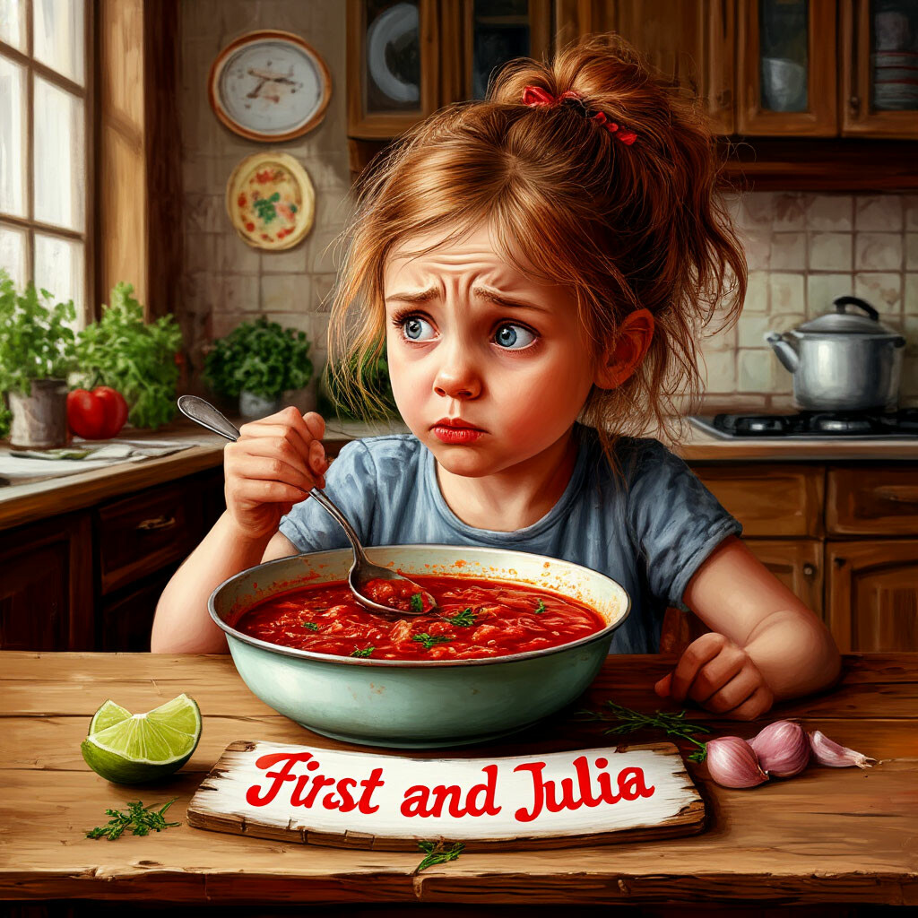 "Draw a realistic picture of how Julia does not want to eat borscht at ...