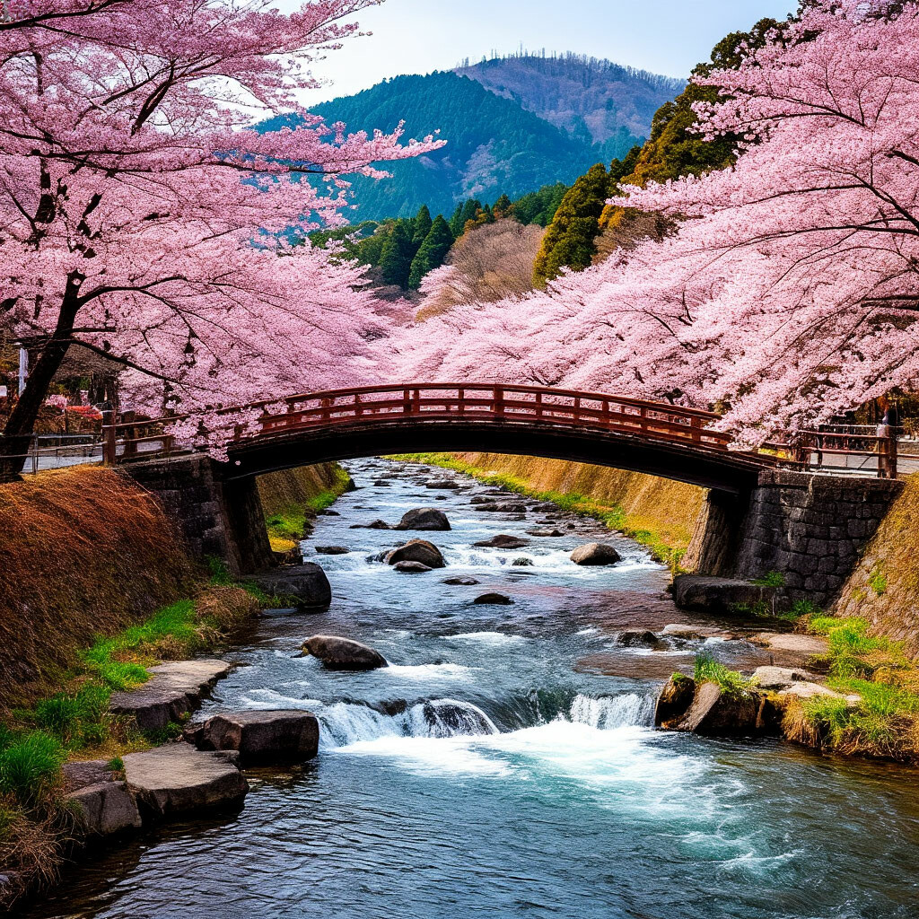 "There is a river flowing over it, a sakura bridge and a waterfall ...