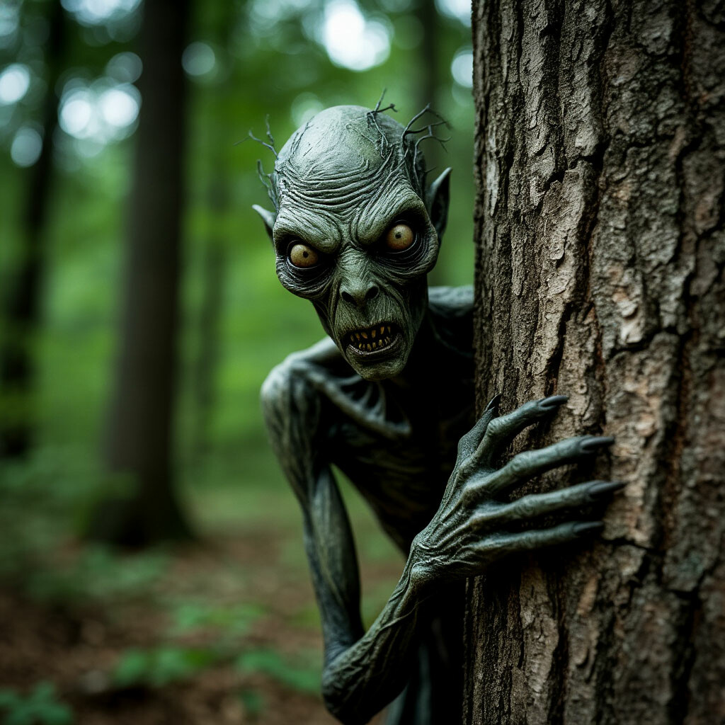 "A scary thin creature peeks out from behind a tree" — image created in ...