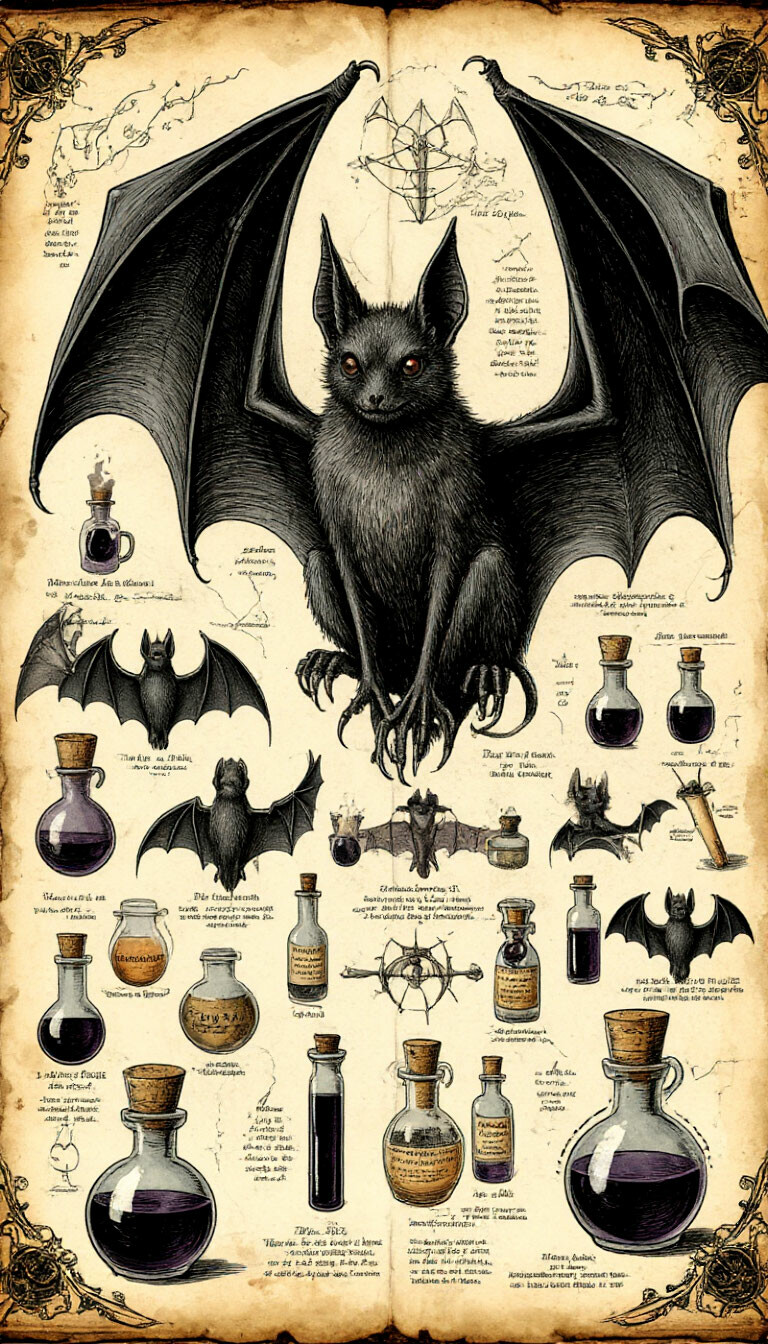 "Infographic, page from the book of potions, the bat potion" — image ...