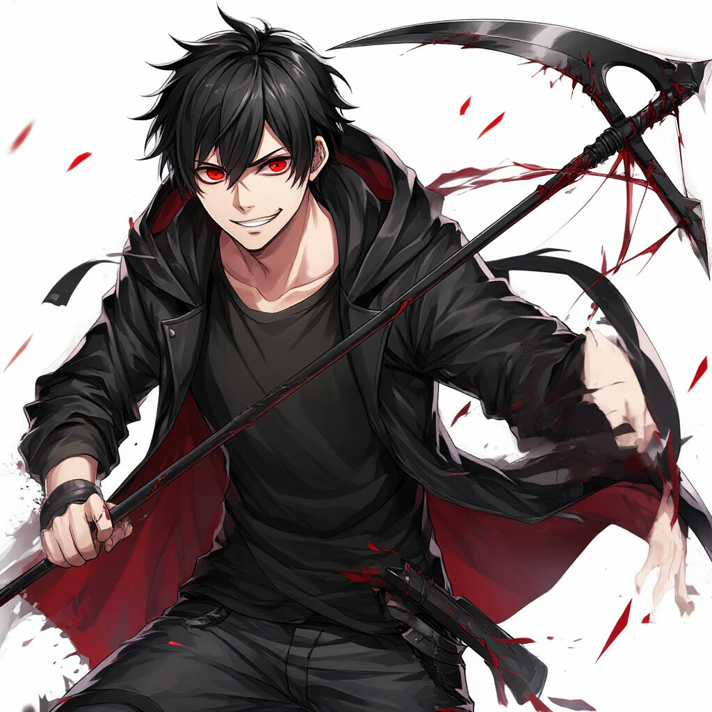 "Guy, black hair, red eyes, smiling ominously, frowning, black T-shirt ...