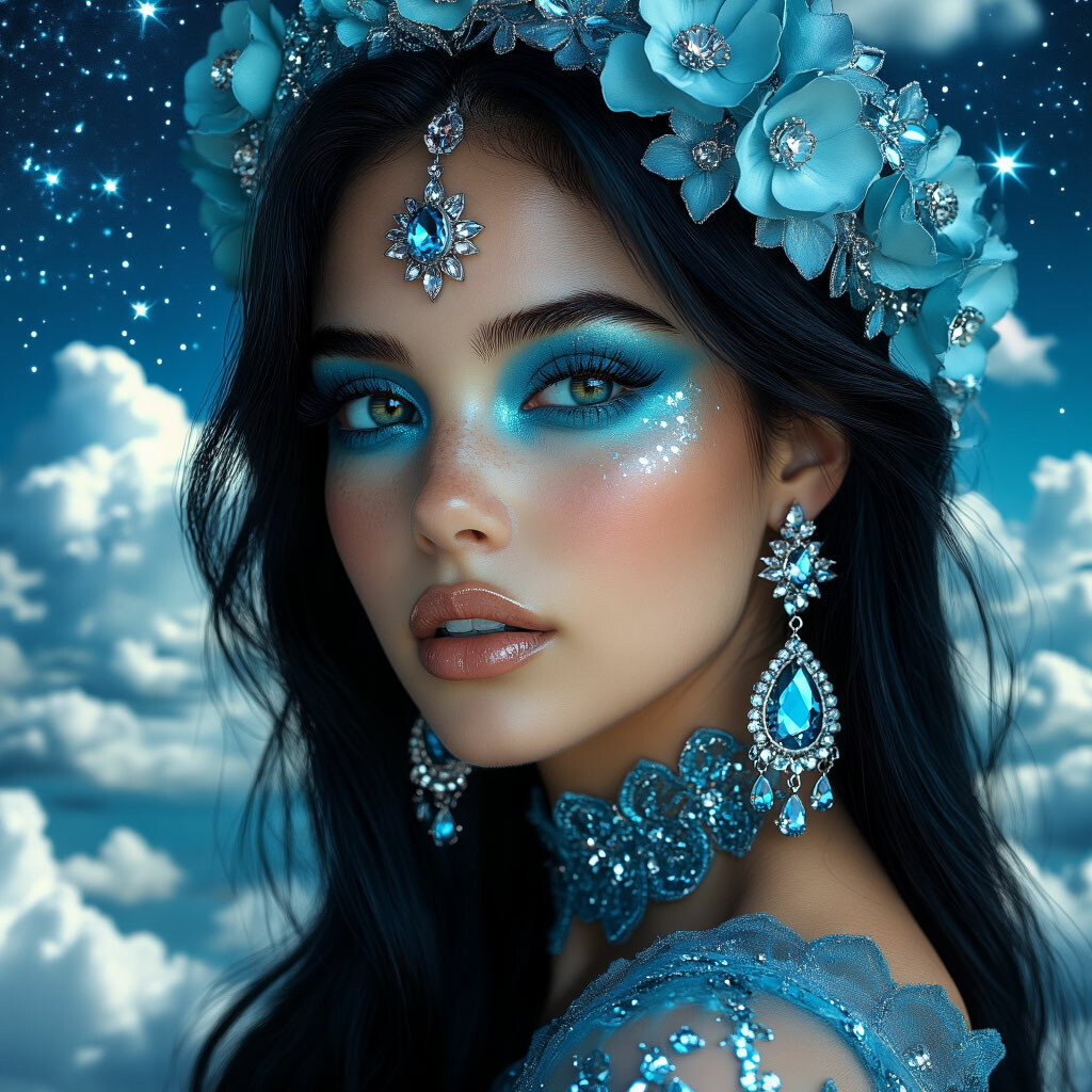 "Turquoise sky, lenticular clouds , stars,beautiful eyebrows,chica ledi ...
