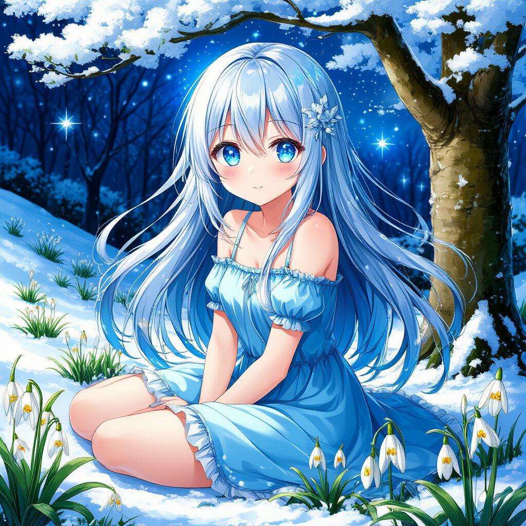 "Anime girl blue shining starry glowing eyes white long hair in a light ...