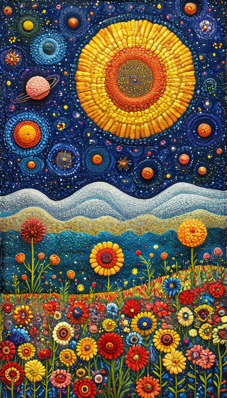 "Cosmos, primitivism, pointillism" — image created in Shedevrum