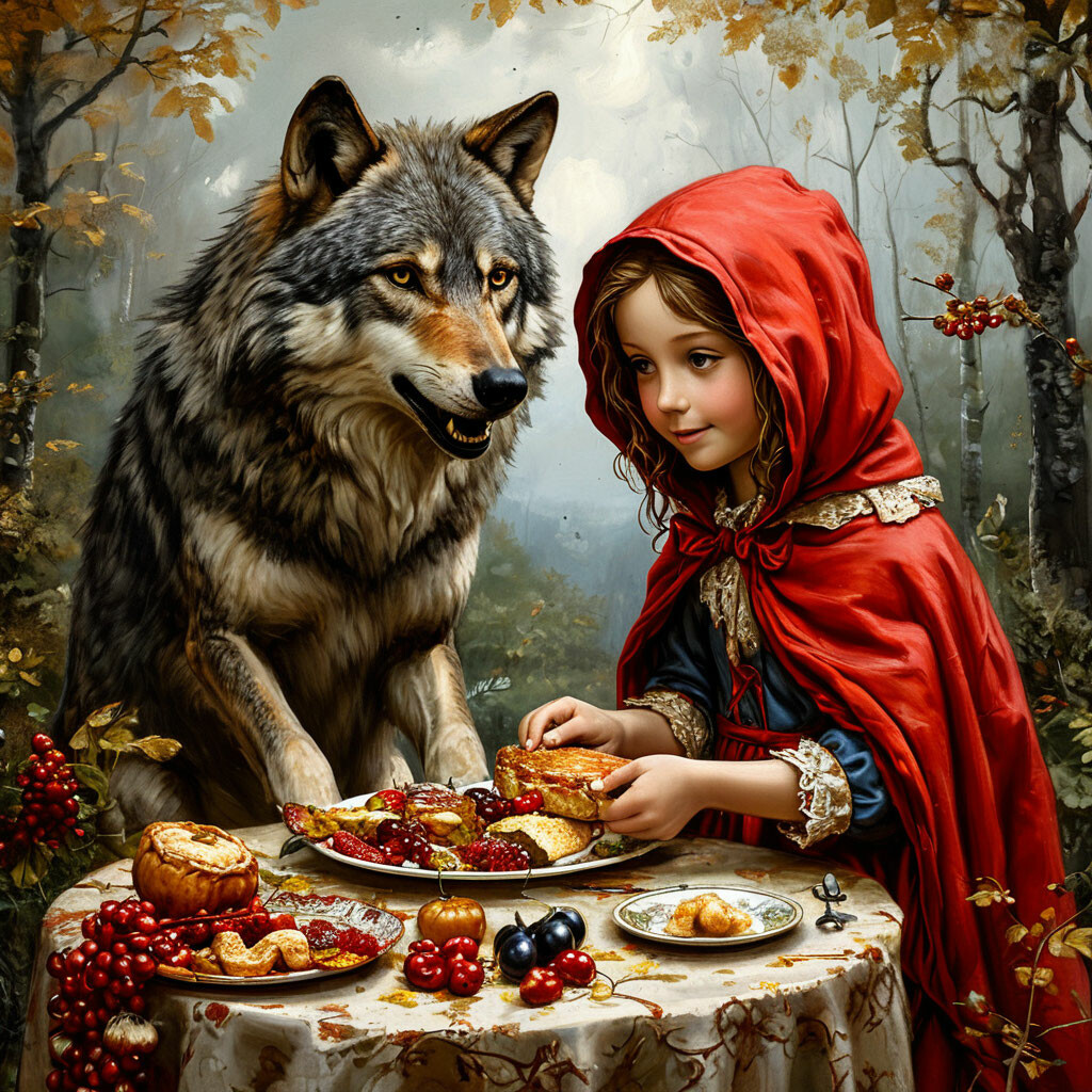 "Little Red Riding Hood and the wolf are feasting" — image created in ...