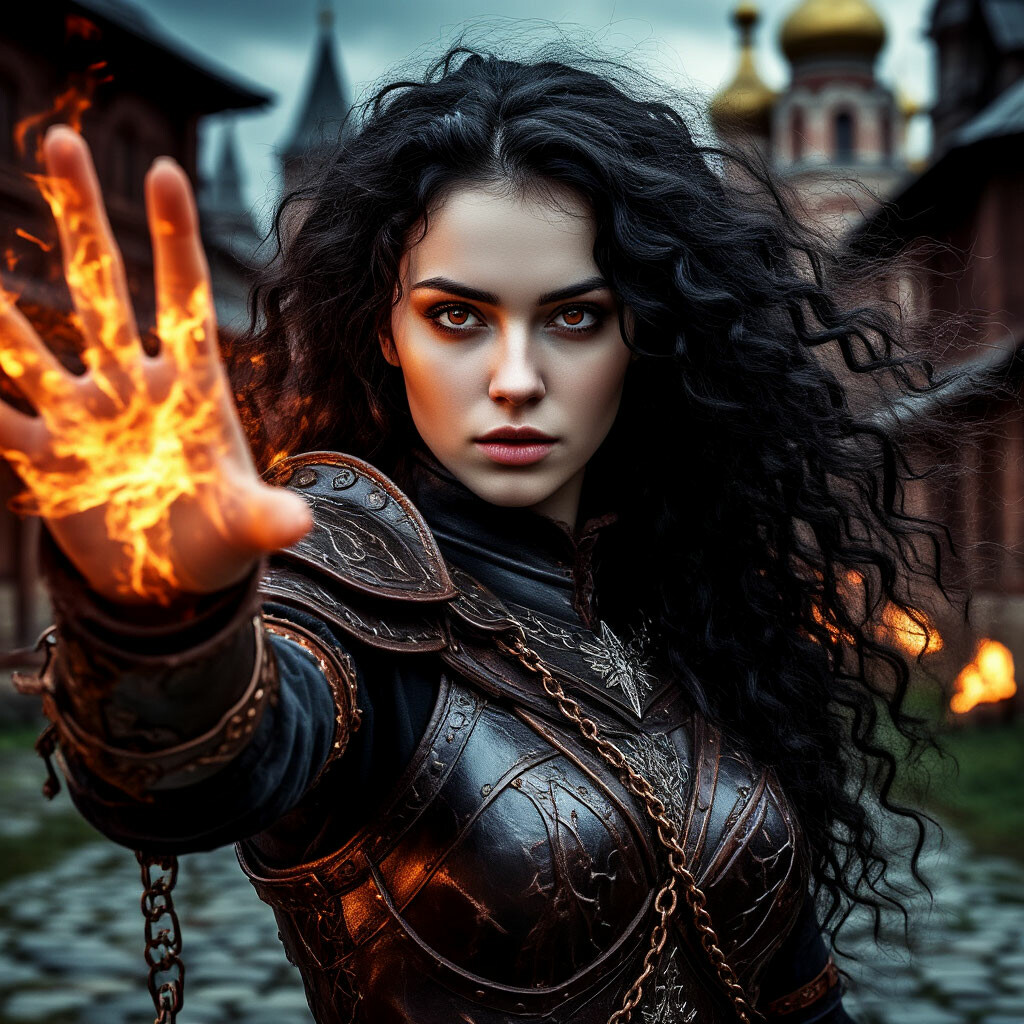 "Marya Morevna Polyanitsa is a sorceress A young woman in leather armor, a beautiful pale face ...