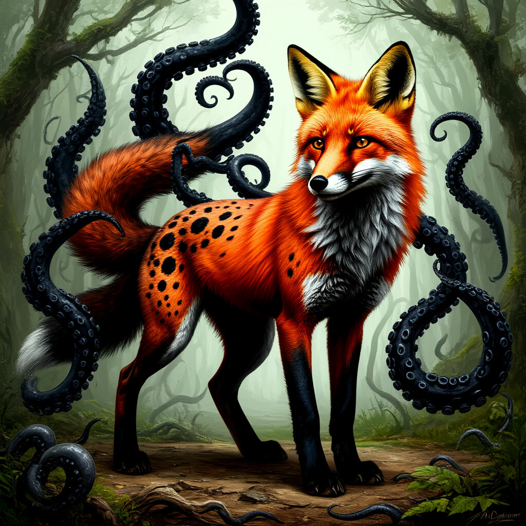 "A fox with black spots on its body and half of its muzzle, tentacles ...
