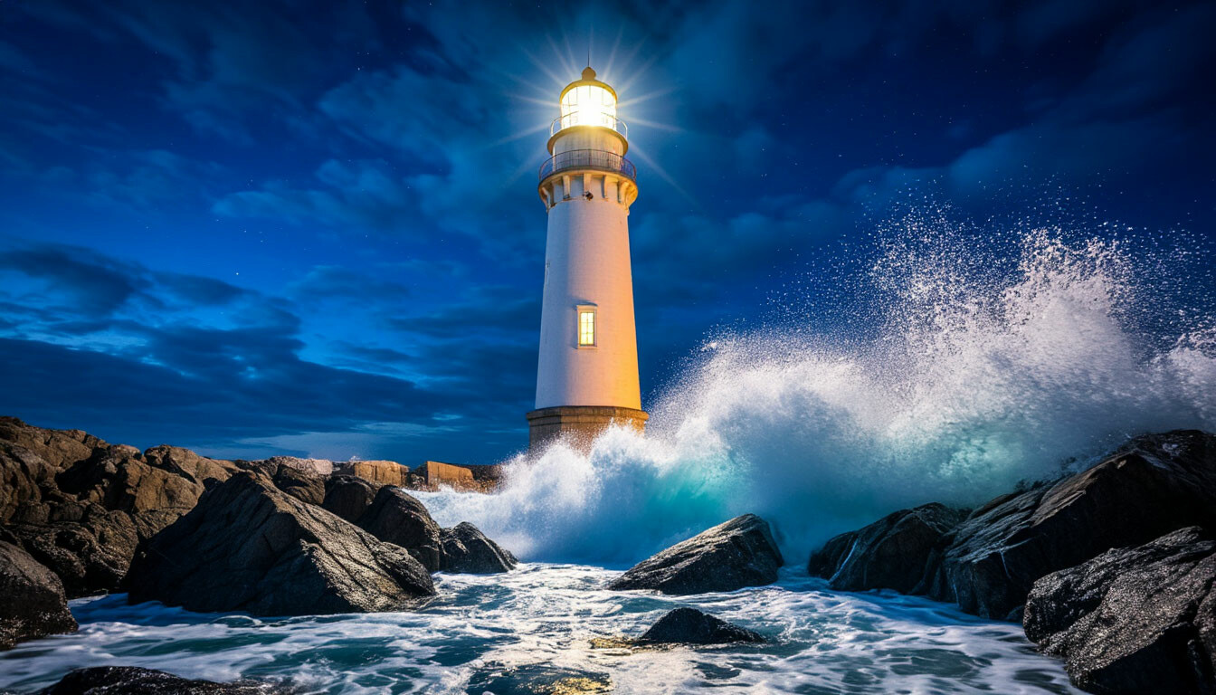 "Professional photo, night, tall lighthouse, ocean raging, bottom-up ...