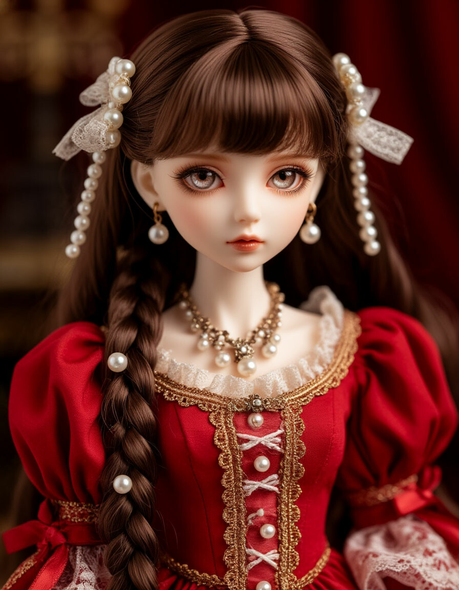 "BJD doll, Juliet, long braided chocolate hair, ribbon in hair, pearls ...